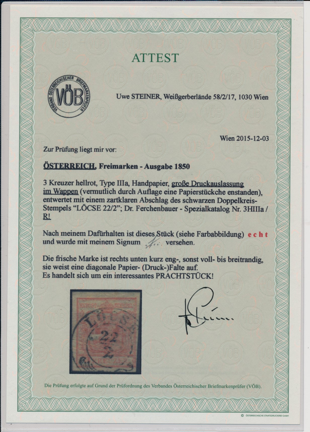 Österreich 1850 3kr HELLROT! Dr.Ferch:R! GROßE DRUCKAUSLASSUNG ...