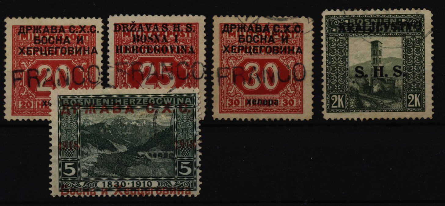 BOSNIA JUGOSLAVIA 1918- 5 pz. Timbrato anche PORTO.