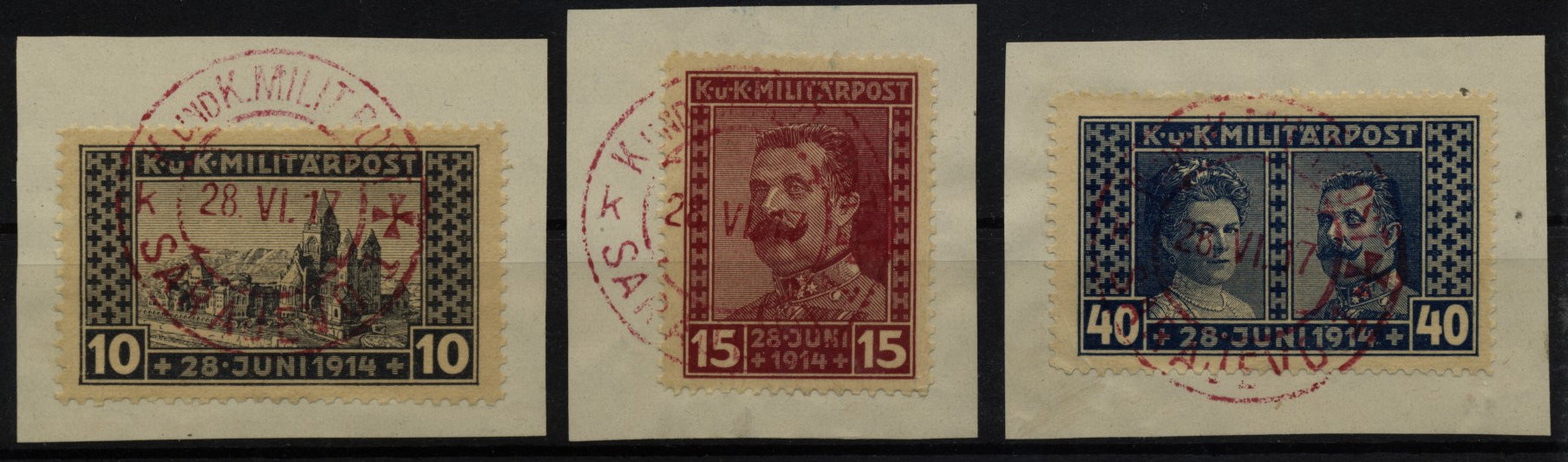 BOSNIA 1917 ANK 121-123, Set con TIMBRI ROSSI!